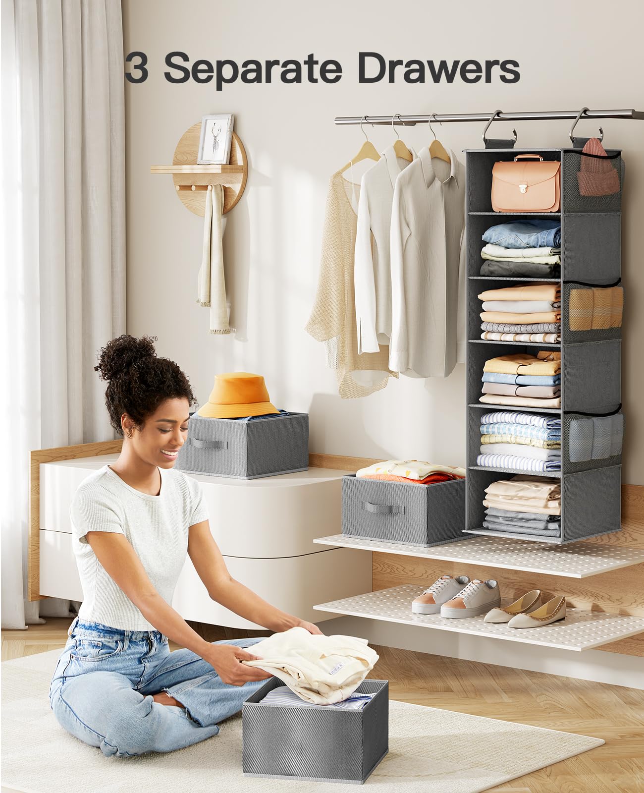 Pipishell Hanging Closet Organizer 6-Shelf, Hanging Shelves for Closet with 3 Removable Drawers & Side Pockets, Hanging Shelf Organizer for Bedroom or Garment Rack, 12'' x 12'' x 43.3'', Dark Gray