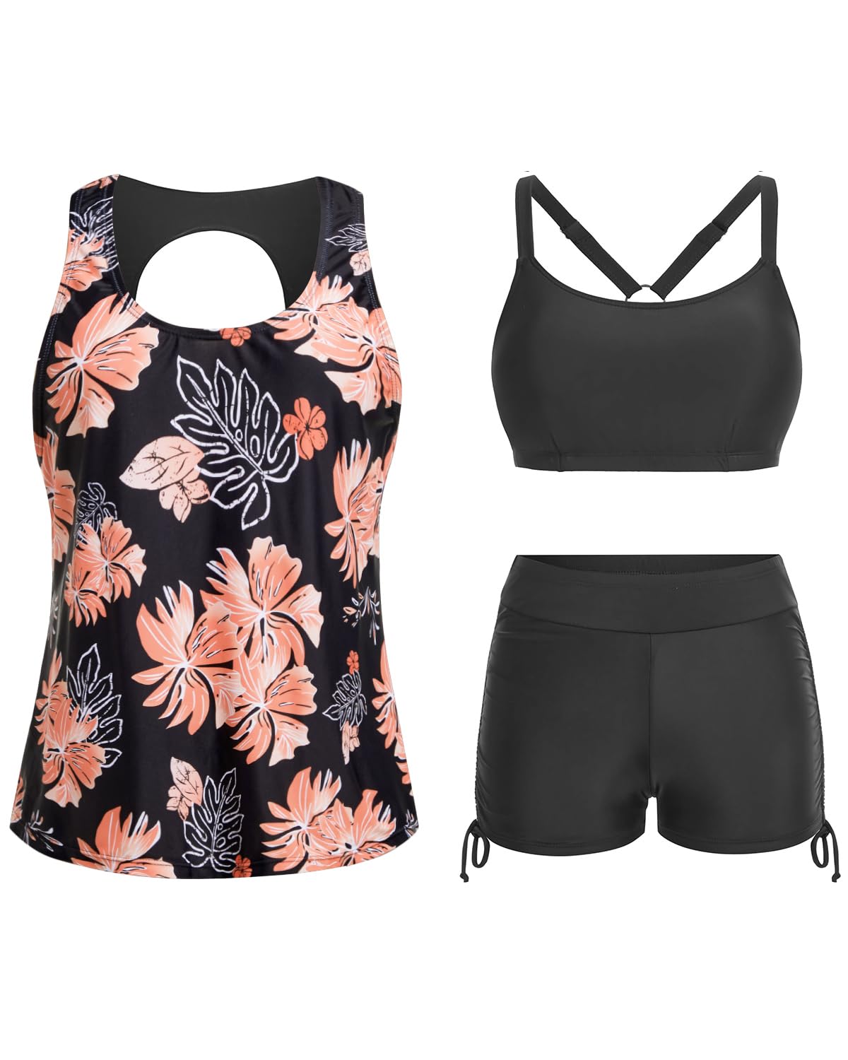 Yonique 3 Piece Womens Tankini Swimsuits with Shorts Athletic Bathing Suits Tank Tops with Bra and Boyshorts Black Floral XL