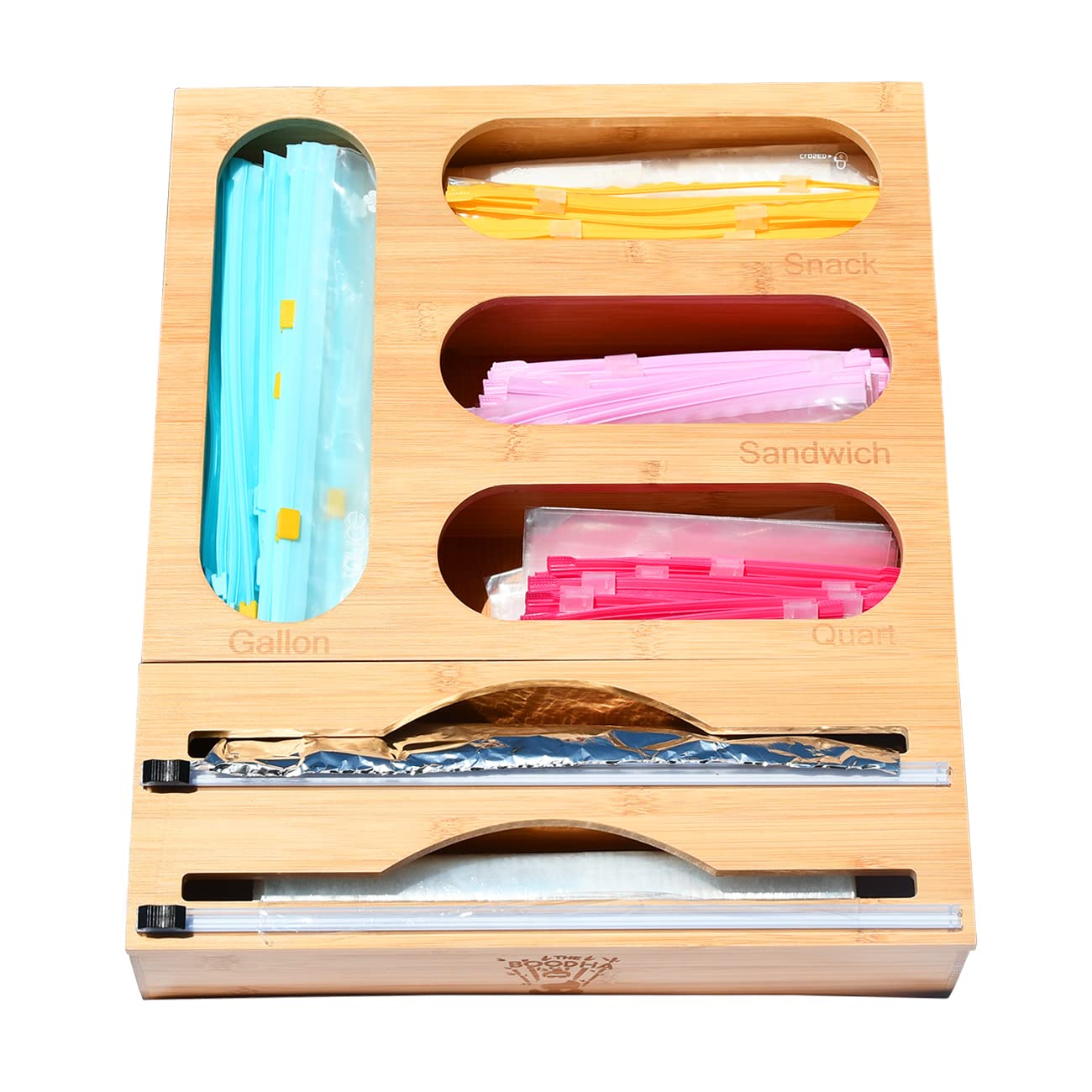 The Boodha Ziplock Bag Organizer with Wrap Dispenser β 6-in-1 Foil and Plastic Wrap Organizer with Cutter, Baggie Organizer for Sandwich, Snack, Gallon, Quart Bags β Bamboo Kitchen Drawer Organizer