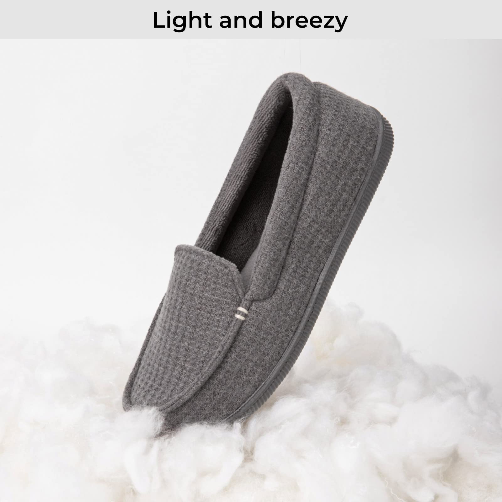 EverFoams Women's Lightweight Indoor Outdoor Memory Foam House Shoes, Comfy Breathable Waffle Knitted Moccasins Loafer Slippers Grey, 7 US