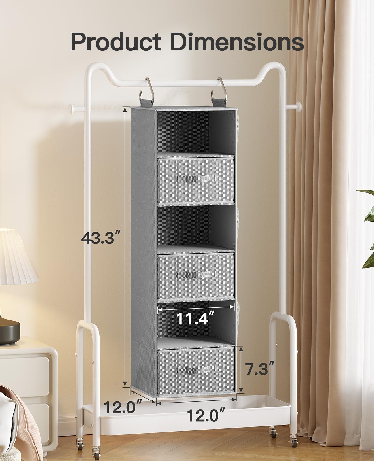 Pipishell Hanging Closet Organizer 6-Shelf, Hanging Shelves for Closet with 3 Removable Drawers & Side Pockets, Hanging Shelf Organizer for Bedroom or Garment Rack, 12'' x 12'' x 43.3'', Dark Gray