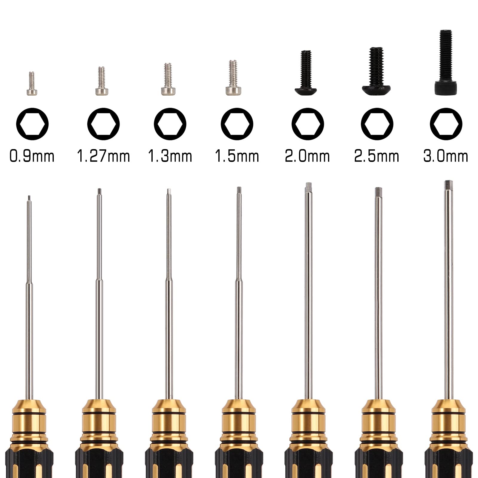 INJORA RC Hex Screw Driver Set-7PCS RC Car Tool Kit 0.9, 1.27, 1.3, 1.5, 2.0, 2.5, 3.0mm Hexagon Allen Screwdriver Wrenches Sets, RC Repair Tool Kit for RC Model Helicopter Drone Boat Car