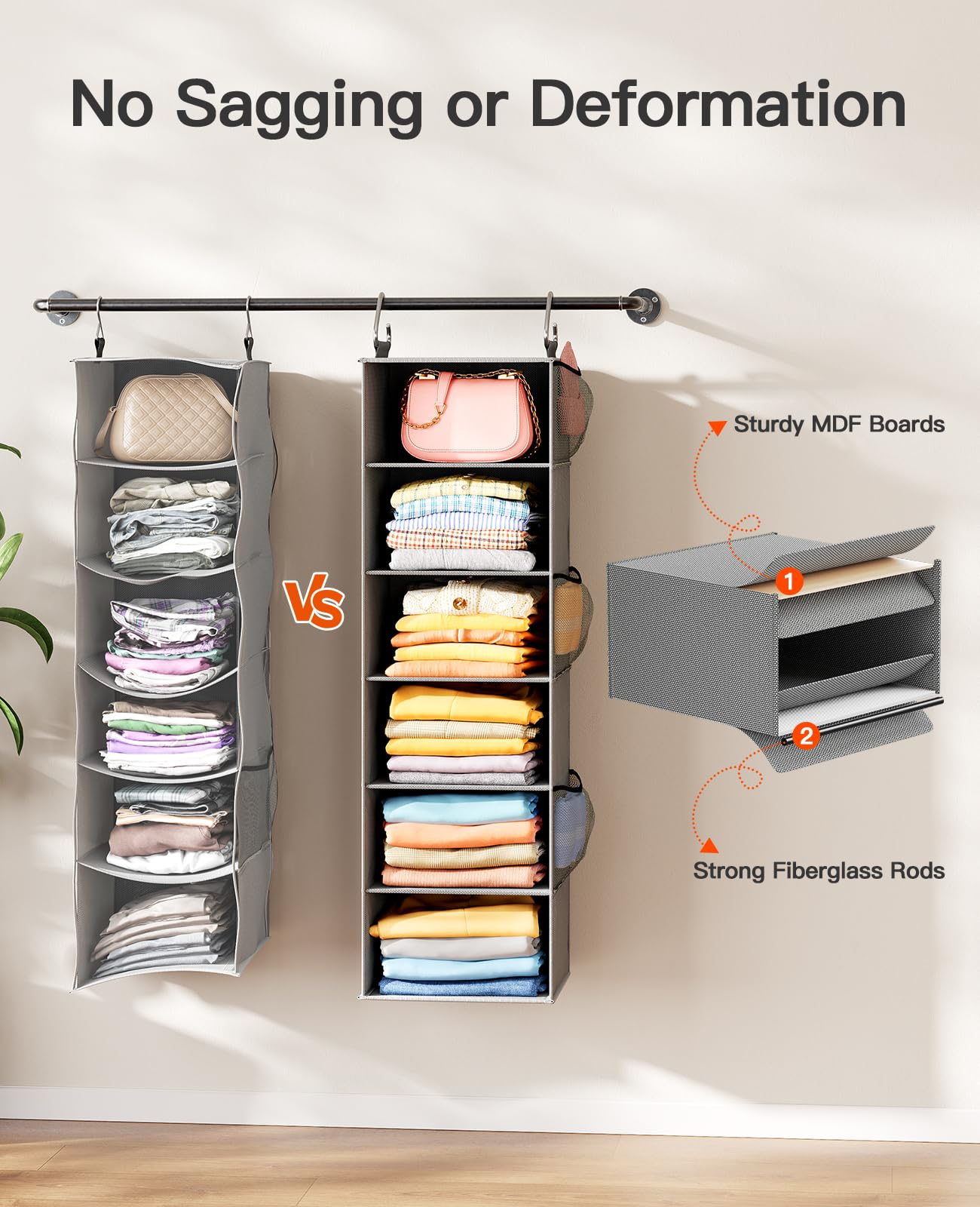 Pipishell Hanging Closet Organizer 6-Shelf, Hanging Shelves for Closet with 3 Removable Drawers & Side Pockets, Hanging Shelf Organizer for Bedroom or Garment Rack, 12'' x 12'' x 43.3'', Dark Gray
