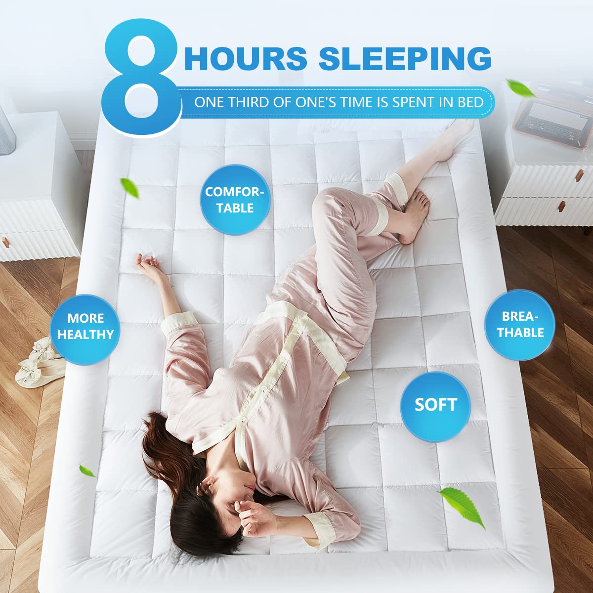 Queen Mattress Pad Cover Cooling Mattress Topper Pillow Top with Down Alternative Fill (8-21β Fitted Deep Pocket Queen Size)