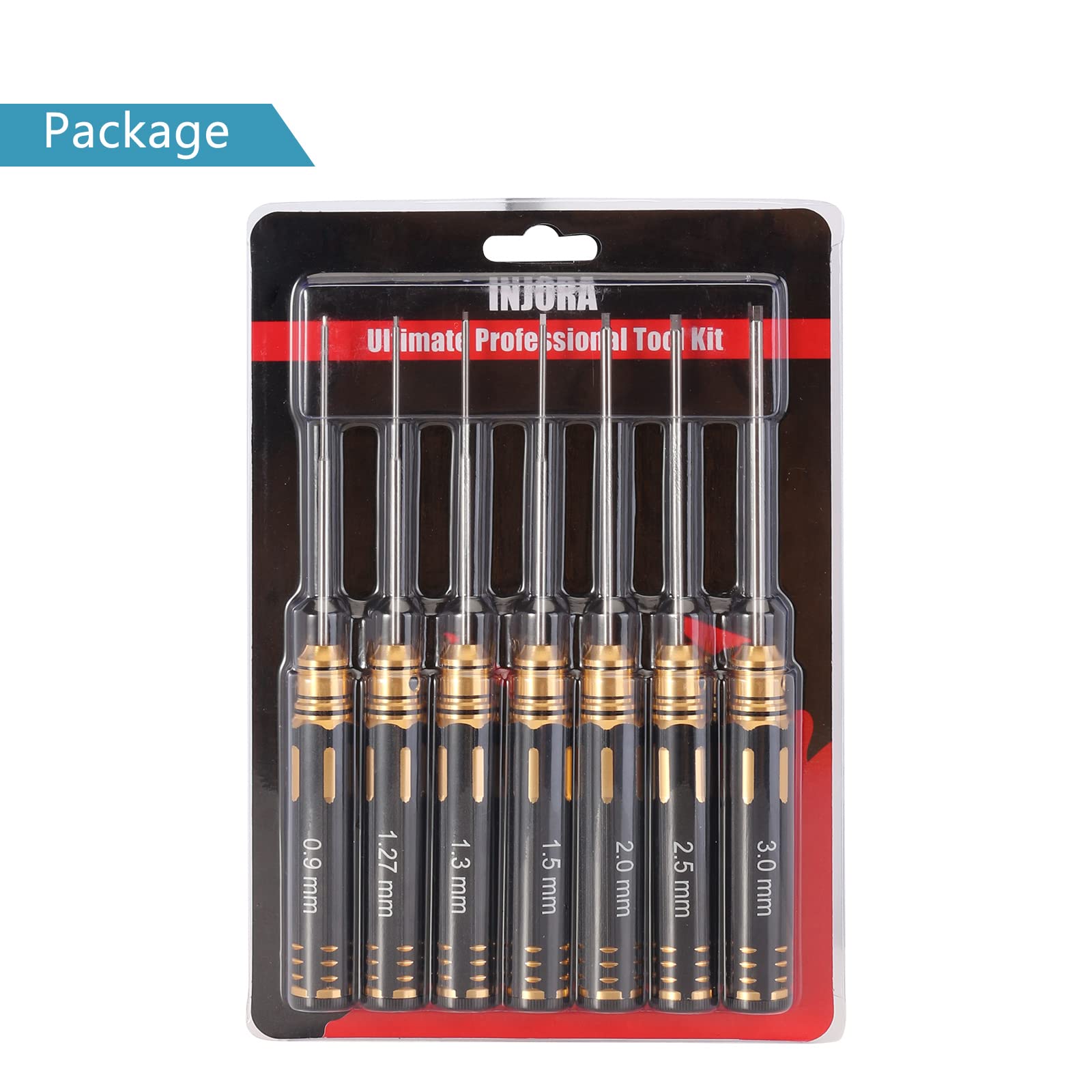 INJORA RC Hex Screw Driver Set-7PCS RC Car Tool Kit 0.9, 1.27, 1.3, 1.5, 2.0, 2.5, 3.0mm Hexagon Allen Screwdriver Wrenches Sets, RC Repair Tool Kit for RC Model Helicopter Drone Boat Car