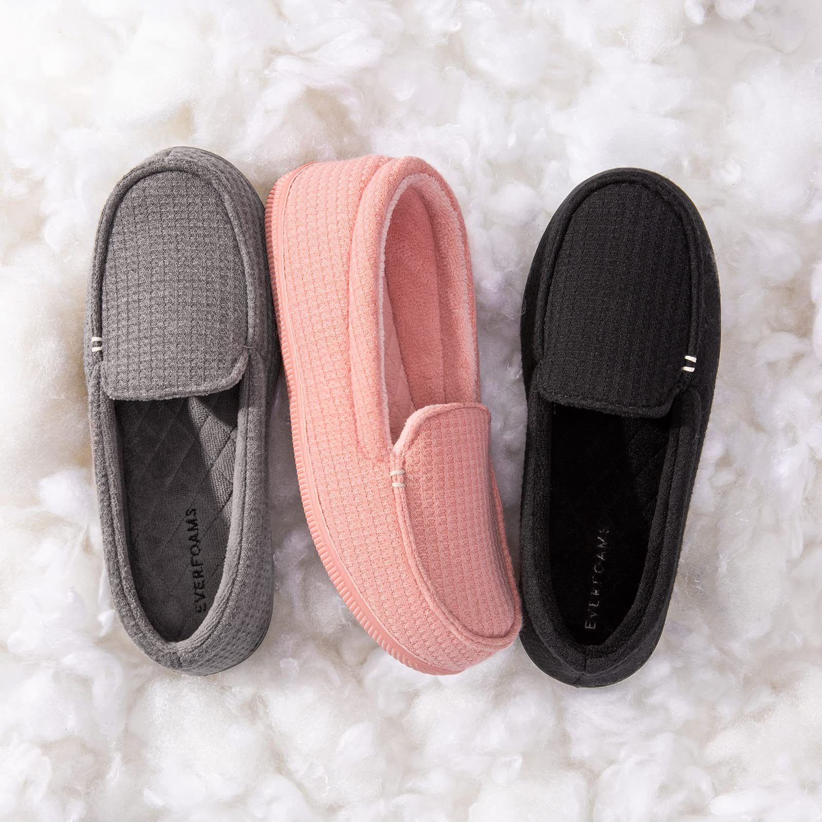 EverFoams Women's Lightweight Indoor Outdoor Memory Foam House Shoes, Comfy Breathable Waffle Knitted Moccasins Loafer Slippers Grey, 7 US