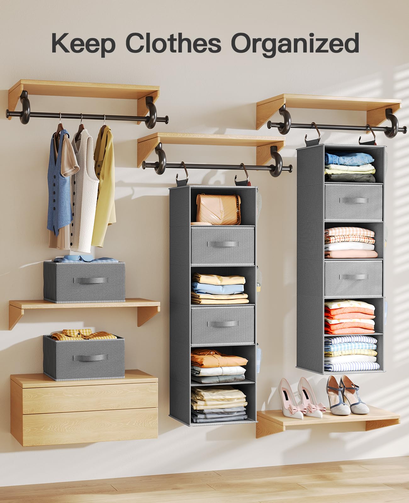 Pipishell Hanging Closet Organizer 6-Shelf, Hanging Shelves for Closet with 3 Removable Drawers & Side Pockets, Hanging Shelf Organizer for Bedroom or Garment Rack, 12'' x 12'' x 43.3'', Dark Gray