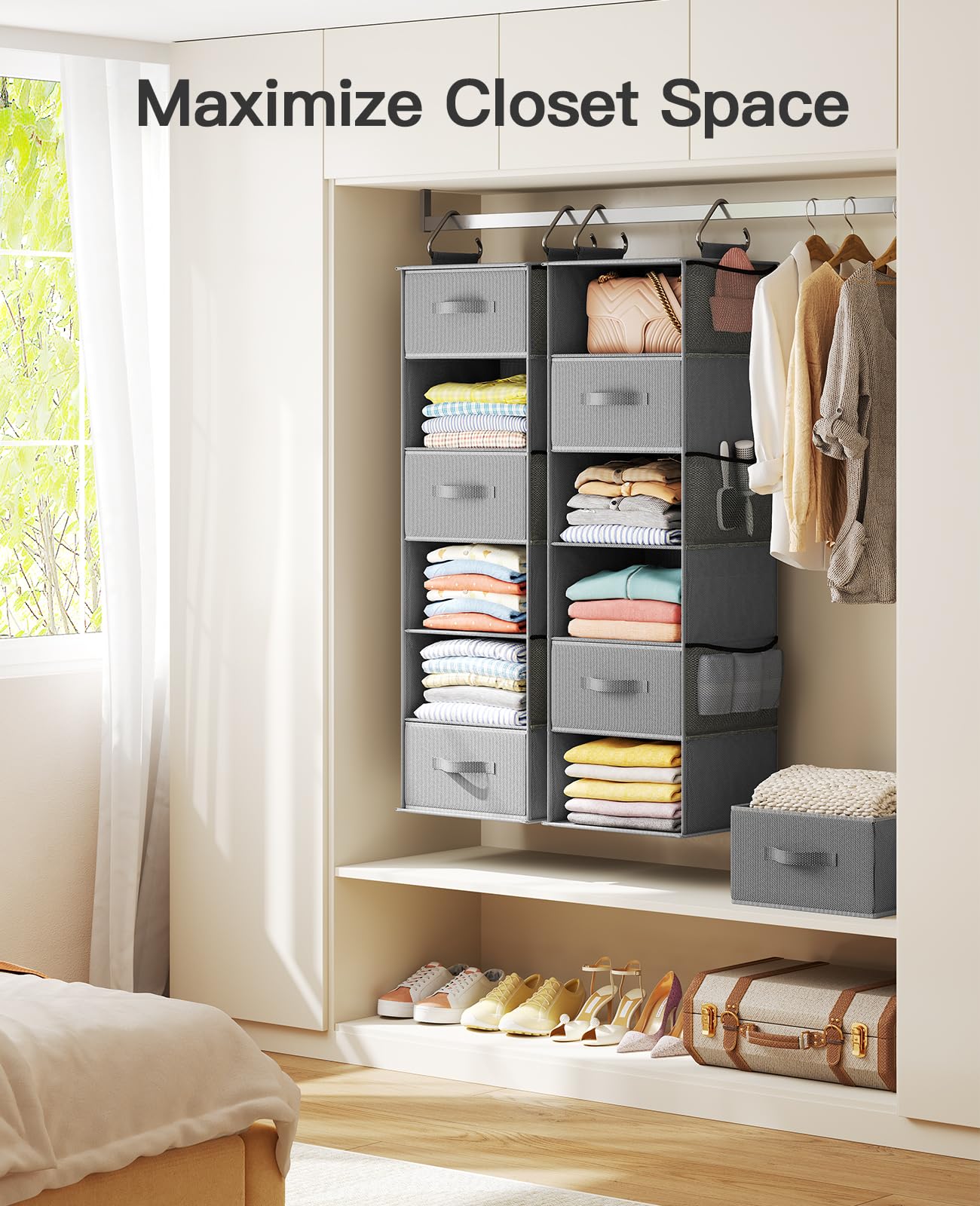Pipishell Hanging Closet Organizer 6-Shelf, Hanging Shelves for Closet with 3 Removable Drawers & Side Pockets, Hanging Shelf Organizer for Bedroom or Garment Rack, 12'' x 12'' x 43.3'', Dark Gray