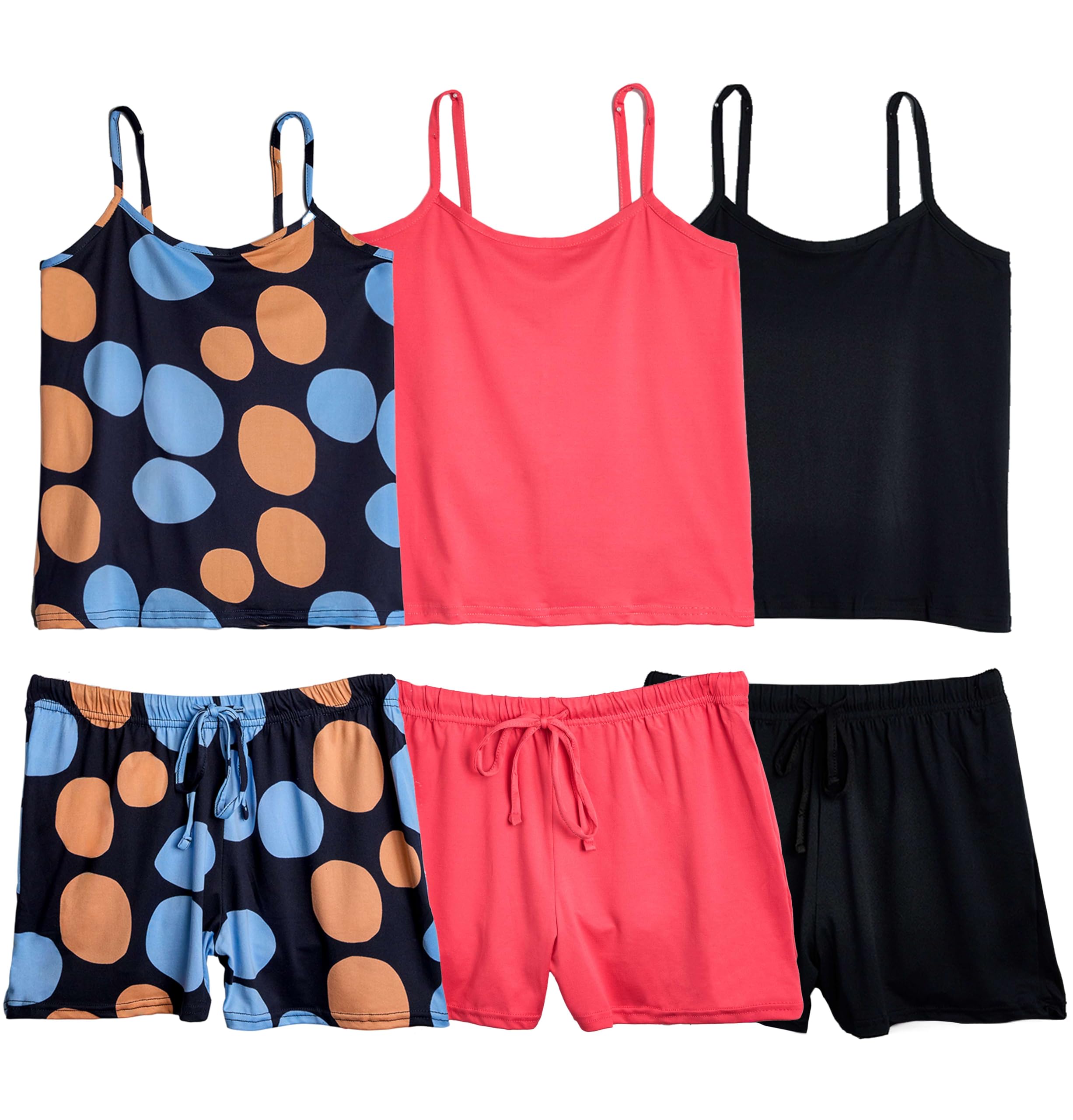 Real Essentials 3 Pack: Women's Super Soft Pajamas - Cute and Comfortable Cami PJ Lounge Short and Top Set,Set 6, X-Large