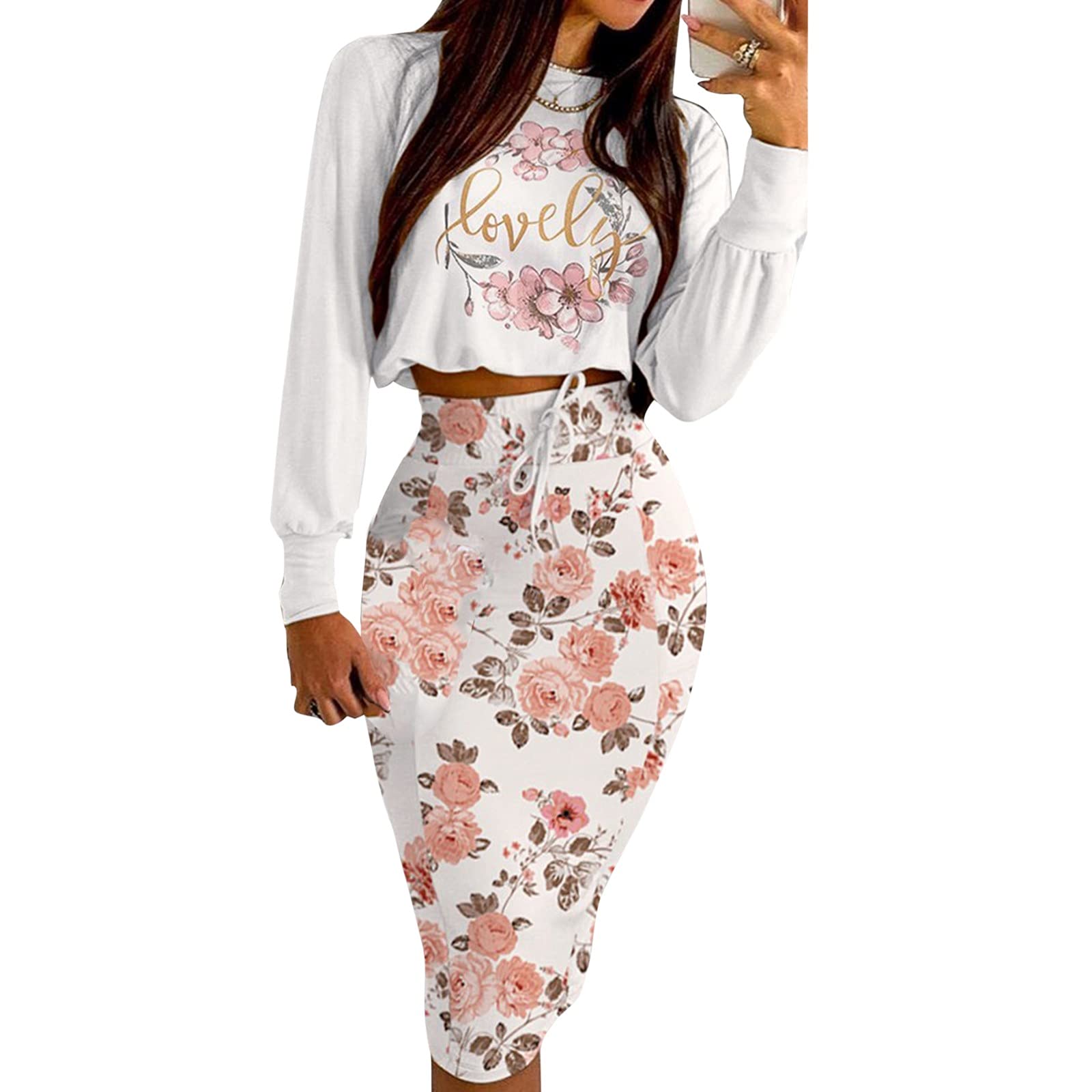 Aniywn Women's Casual 2 Pieces Outfits Solid Long Sleeve Crop Top Printing Bodycon Midi Skirt Dress Tracksuits Set