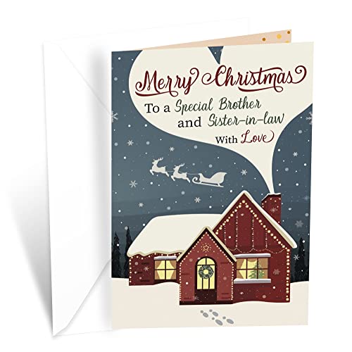 Merry Christmas Card For Brother & Sister In Law (Wife), Prime Greetings, Made in America, Eco-Friendly, Thick Card Stock with Premium Envelope 5in x 7.75in, Packaged in Protective Mailer