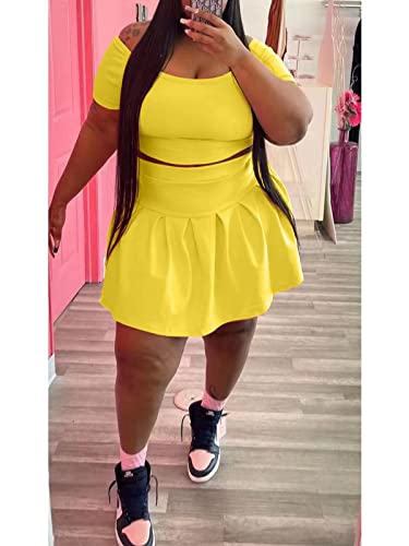 Women's Skirt Sets 2 Piece Club Outfits Plus Size Summer Sexy Off Shoulder Crop Tank Top Mini Dress Yellow XL