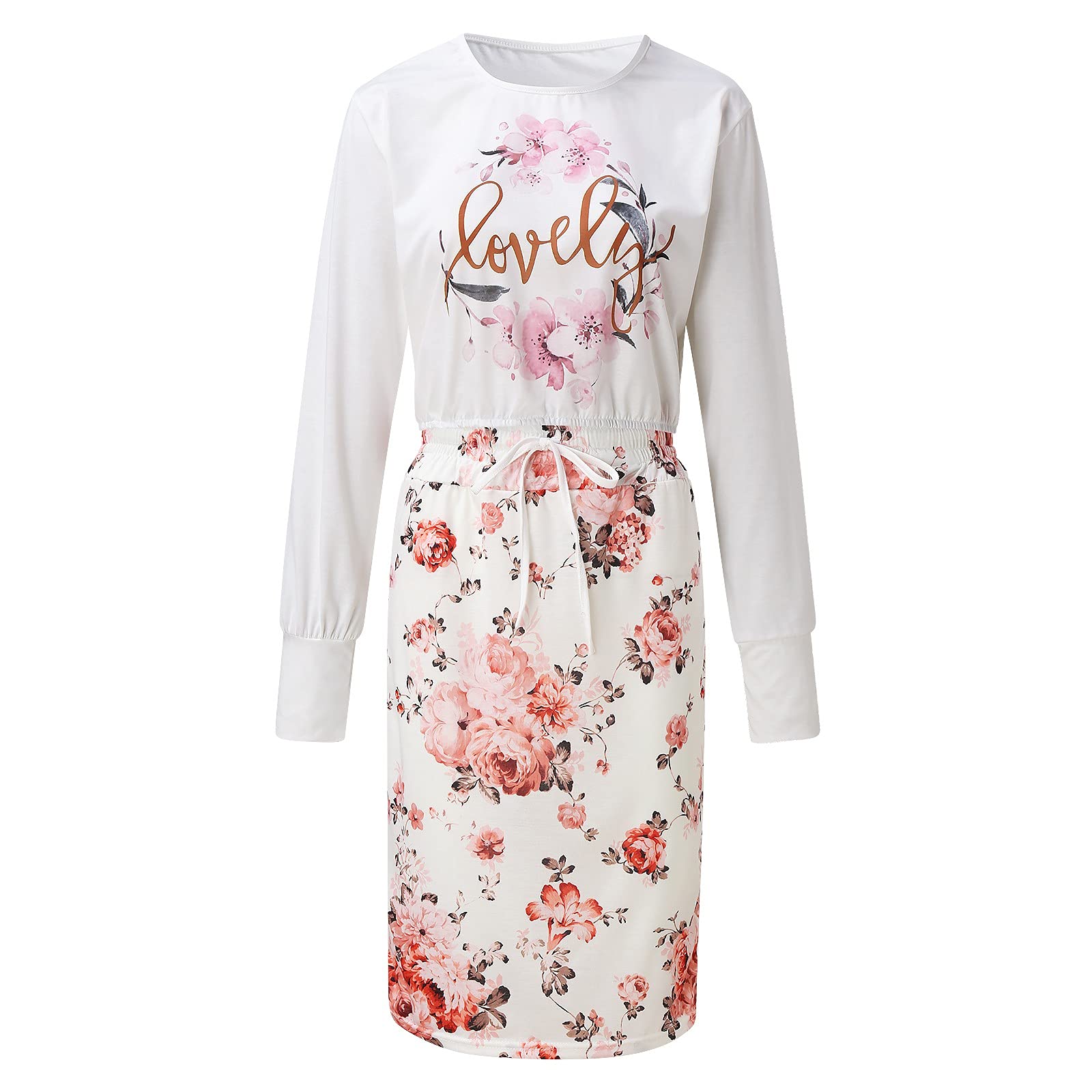 Aniywn Women's Casual 2 Pieces Outfits Solid Long Sleeve Crop Top Printing Bodycon Midi Skirt Dress Tracksuits Set
