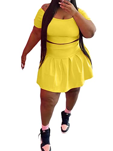 Women's Skirt Sets 2 Piece Club Outfits Plus Size Summer Sexy Off Shoulder Crop Tank Top Mini Dress Yellow XL