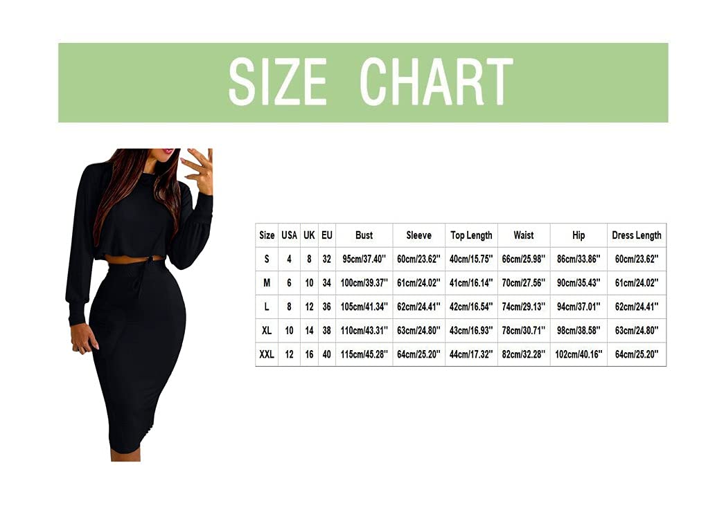 Aniywn Women's Casual 2 Pieces Outfits Solid Long Sleeve Crop Top Printing Bodycon Midi Skirt Dress Tracksuits Set