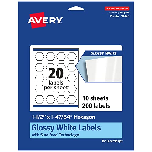 Avery Glossy White Hexagon Labels with Sure Feed, 1-1/2" x 1-47/54", 200 Glossy White Labels, Print-to-The-Edge, Permanent Label Adhesive, Laser/Inkjet Printable Labels