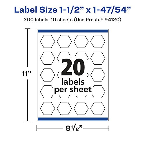 Avery Glossy White Hexagon Labels with Sure Feed, 1-1/2" x 1-47/54", 200 Glossy White Labels, Print-to-The-Edge, Permanent Label Adhesive, Laser/Inkjet Printable Labels