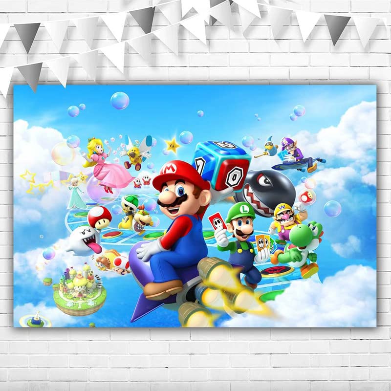 Happy Birthday Super Mario Backdrop 5x3ft Vinyl Super Mario Bowser Castle Background for Kids 1st Birthday Pink Peach Princess with Super Mario Bros Banner Party Decorations