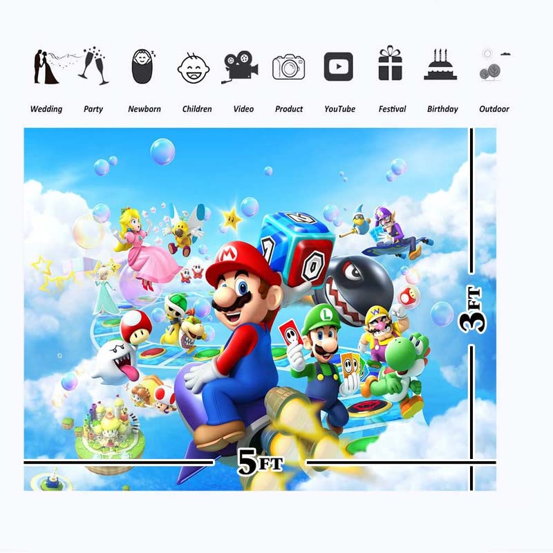 Happy Birthday Super Mario Backdrop 5x3ft Vinyl Super Mario Bowser Castle Background for Kids 1st Birthday Pink Peach Princess with Super Mario Bros Banner Party Decorations