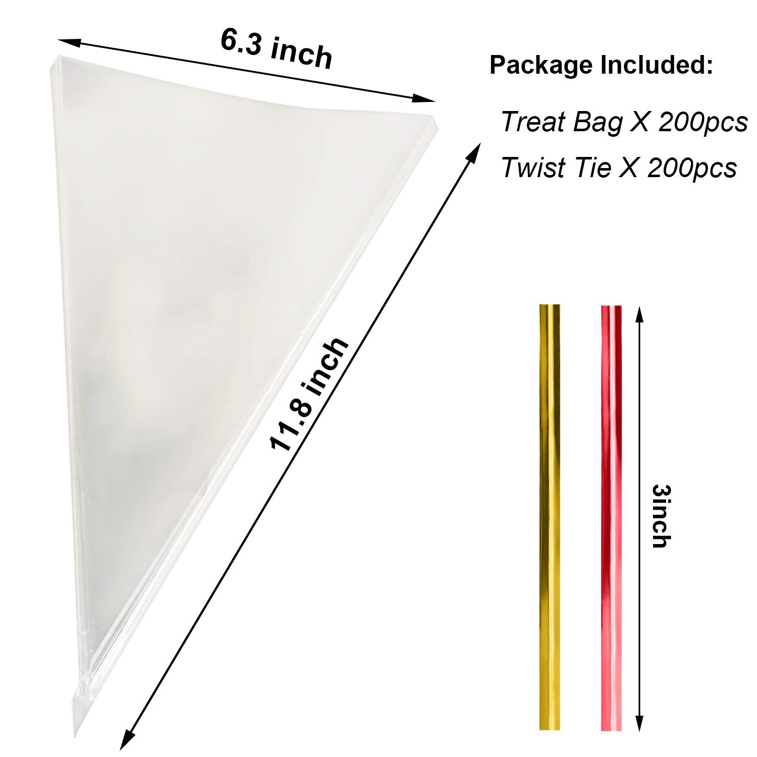 Cone Cellophane Bags,200 PCS 6.3"x11.8" Cello Clear Cone Shaped Treat Bags with Twist Ties, Plastic Cone Bags Triangle Bags for Popcorn Favor Candy