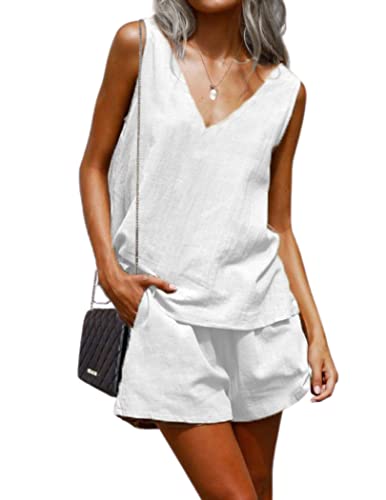 HOTOUCH Womens 2 Piece Coordinated_Outfit Lounge Sets Sleeveless Tank And Shorts Summer Tracksuit with Pockets White, XX-Large