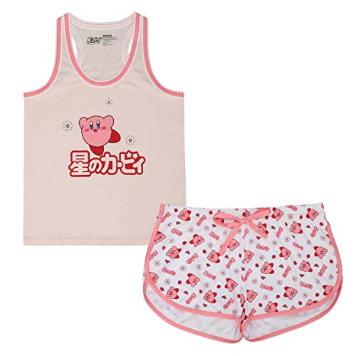 Bioworld Kirby Daisies & Kanji Logo Women's Racer Back Tank Top & Dolphin Lounge Shorts Sleepwear Set-XL Pink