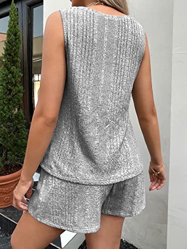 OYOANGLE Women's Maternity 2 Piece Pajamas Outfits Round Neck Tank Top and Adjustable Waist Shorts Loungewear Light Grey XL