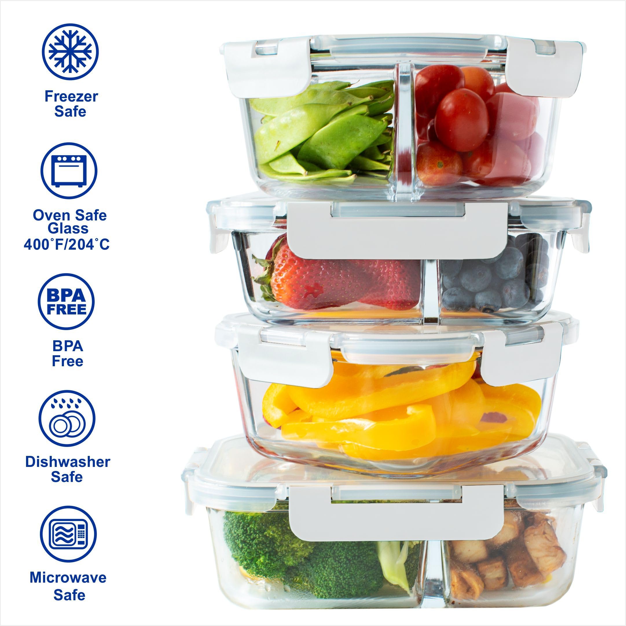 Orii 4 Pack Glass Meal Prep Containers with Lids, 2 or 3 Compartments for Food Storage, BPA-Free, Leak Proof & Airtight (Charcoal Gray Handles)