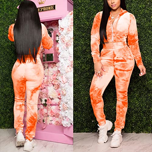 Nimsruc Two Piece Outfits For Women Tie Dye Casual Pants Sets Tracksuit Jogging Suits Matching Clothing Orange XL