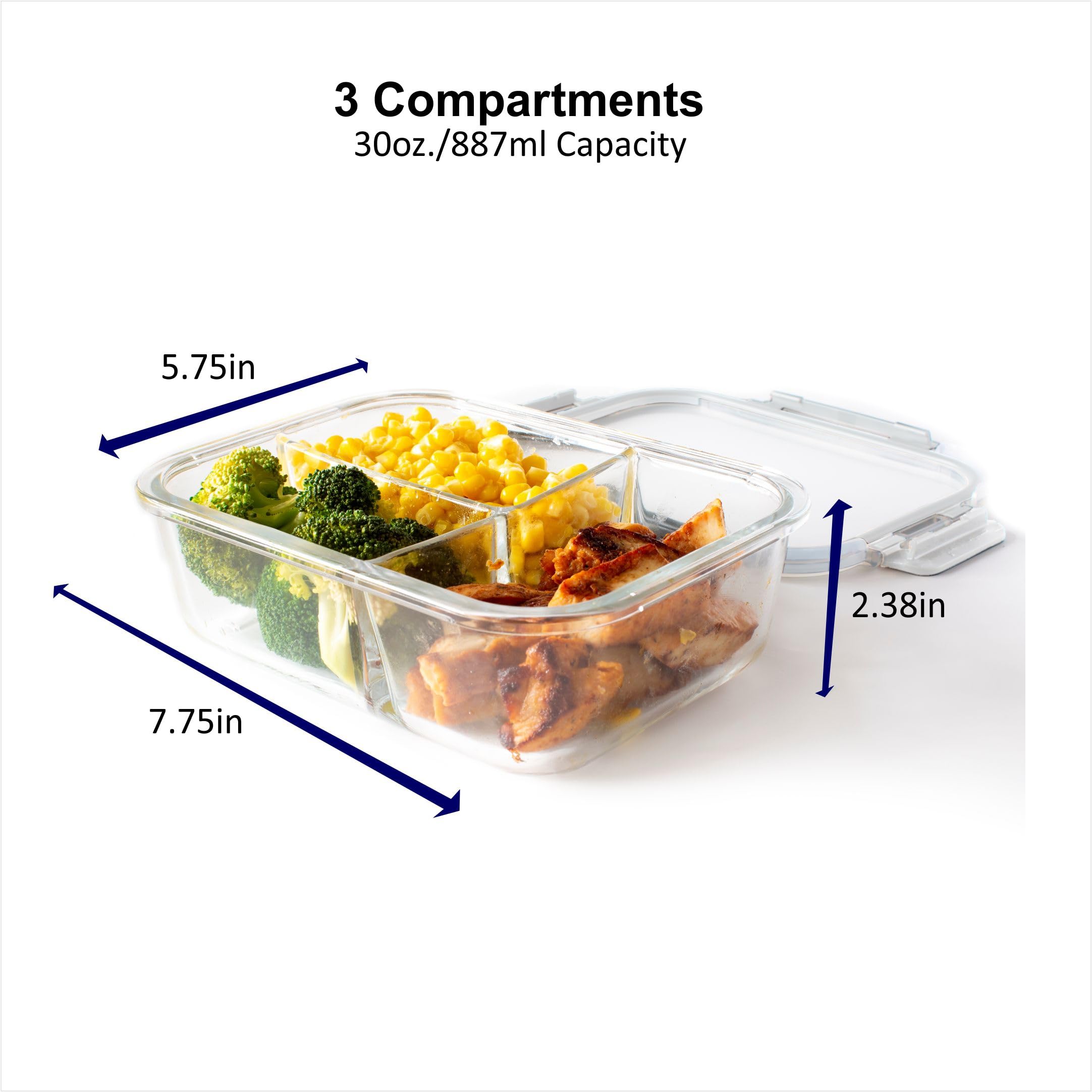 Orii 4 Pack Glass Meal Prep Containers with Lids, 2 or 3 Compartments for Food Storage, BPA-Free, Leak Proof & Airtight (Charcoal Gray Handles)