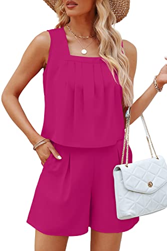 Hot Pink Sets Women 2 Piece Outfits Comfy Sleeveless Tracksuit Set Shorts XL