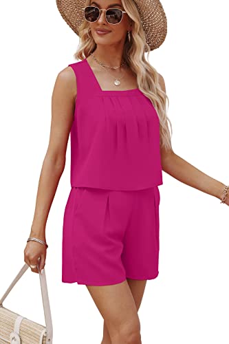 Hot Pink Sets Women 2 Piece Outfits Comfy Sleeveless Tracksuit Set Shorts XL