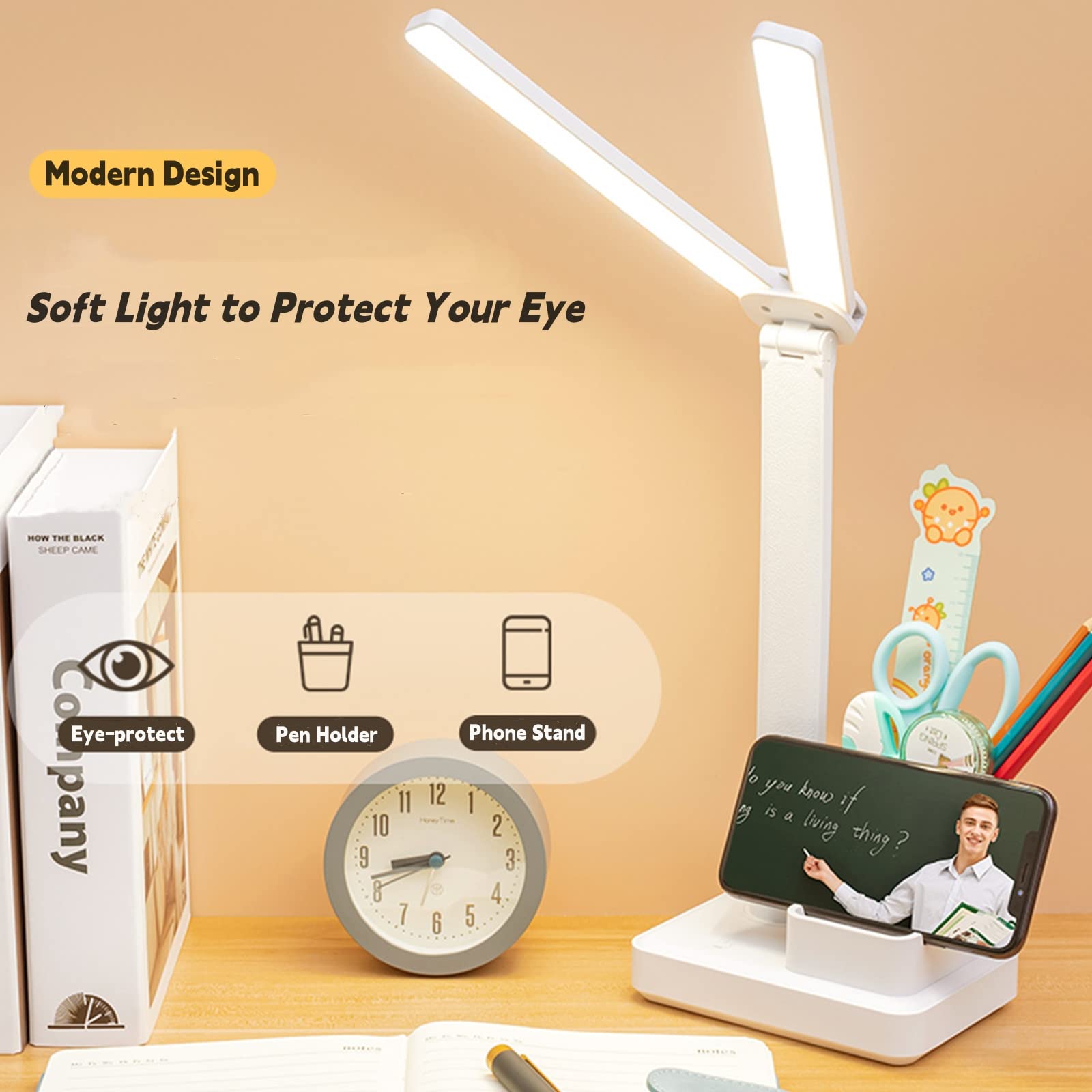 LED Double Head Desk Lamp, Small Desk Lamp for Home Office, White Desk Light for Kids, Desk Lamps with 3 Lighting Modes, Pen Holder, 60 inch Long Cable,Table Lamp for Reading, Studying, Dormitory