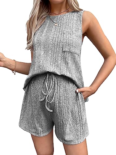 OYOANGLE Women's Maternity 2 Piece Pajamas Outfits Round Neck Tank Top and Adjustable Waist Shorts Loungewear Light Grey XL