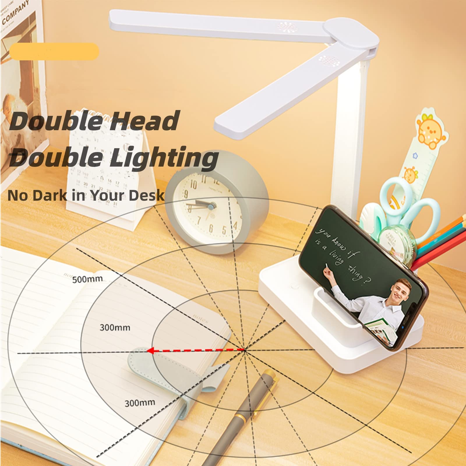 LED Double Head Desk Lamp, Small Desk Lamp for Home Office, White Desk Light for Kids, Desk Lamps with 3 Lighting Modes, Pen Holder, 60 inch Long Cable,Table Lamp for Reading, Studying, Dormitory