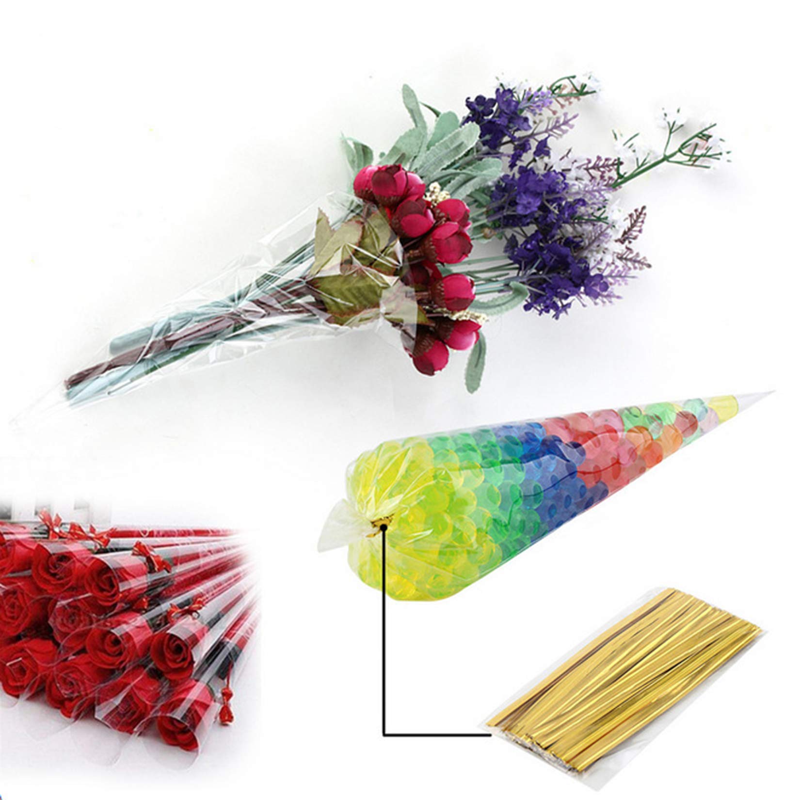 Cone Cellophane Bags,200 PCS 6.3"x11.8" Cello Clear Cone Shaped Treat Bags with Twist Ties, Plastic Cone Bags Triangle Bags for Popcorn Favor Candy