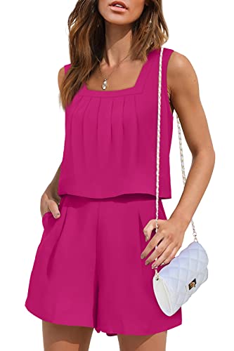 Hot Pink Sets Women 2 Piece Outfits Comfy Sleeveless Tracksuit Set Shorts XL