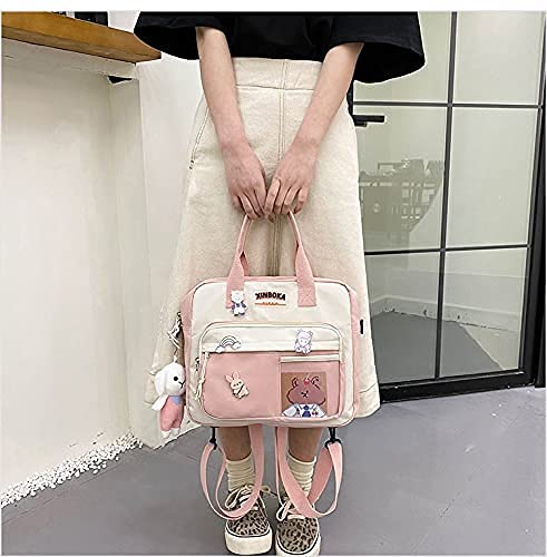 Kawaii Canvas School Backpack with Pendant, Laptop Shoulders Bag, Back to School Off to College Supplies (Pink)
