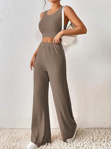 ZAFUL Women Two Piece Pajamas Set Solid Ribbed Knit Crop Tank Top Wide Leg Pants Loungewear Set