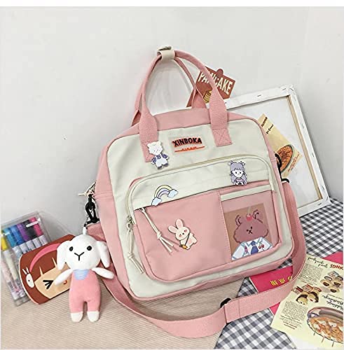 Kawaii Canvas School Backpack with Pendant, Laptop Shoulders Bag, Back to School Off to College Supplies (Pink)