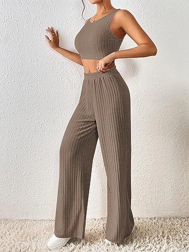 ZAFUL Women Two Piece Pajamas Set Solid Ribbed Knit Crop Tank Top Wide Leg Pants Loungewear Set