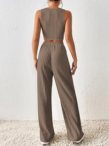 ZAFUL Women Two Piece Pajamas Set Solid Ribbed Knit Crop Tank Top Wide Leg Pants Loungewear Set
