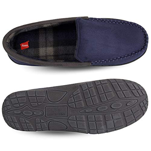 Hanes Men's Moccasin Slipper House Shoe With Indoor Outdoor Memory Foam Sole Fresh Iq Odor Protection, Navy, Large