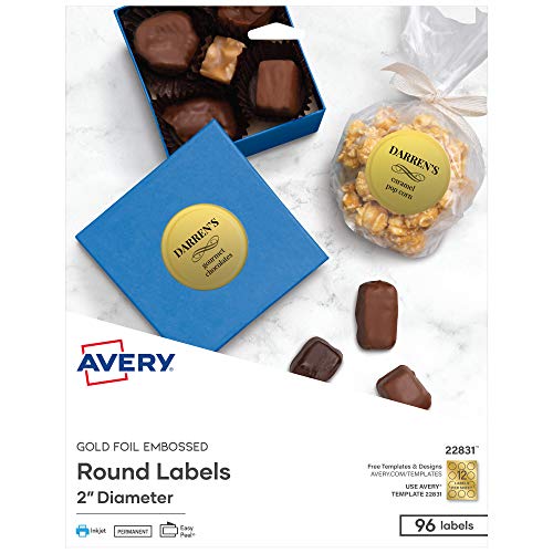 Avery Printable Embossed Foil Round Labels, 2" Diameter, Gold, 96 Customizable Labels (22831)