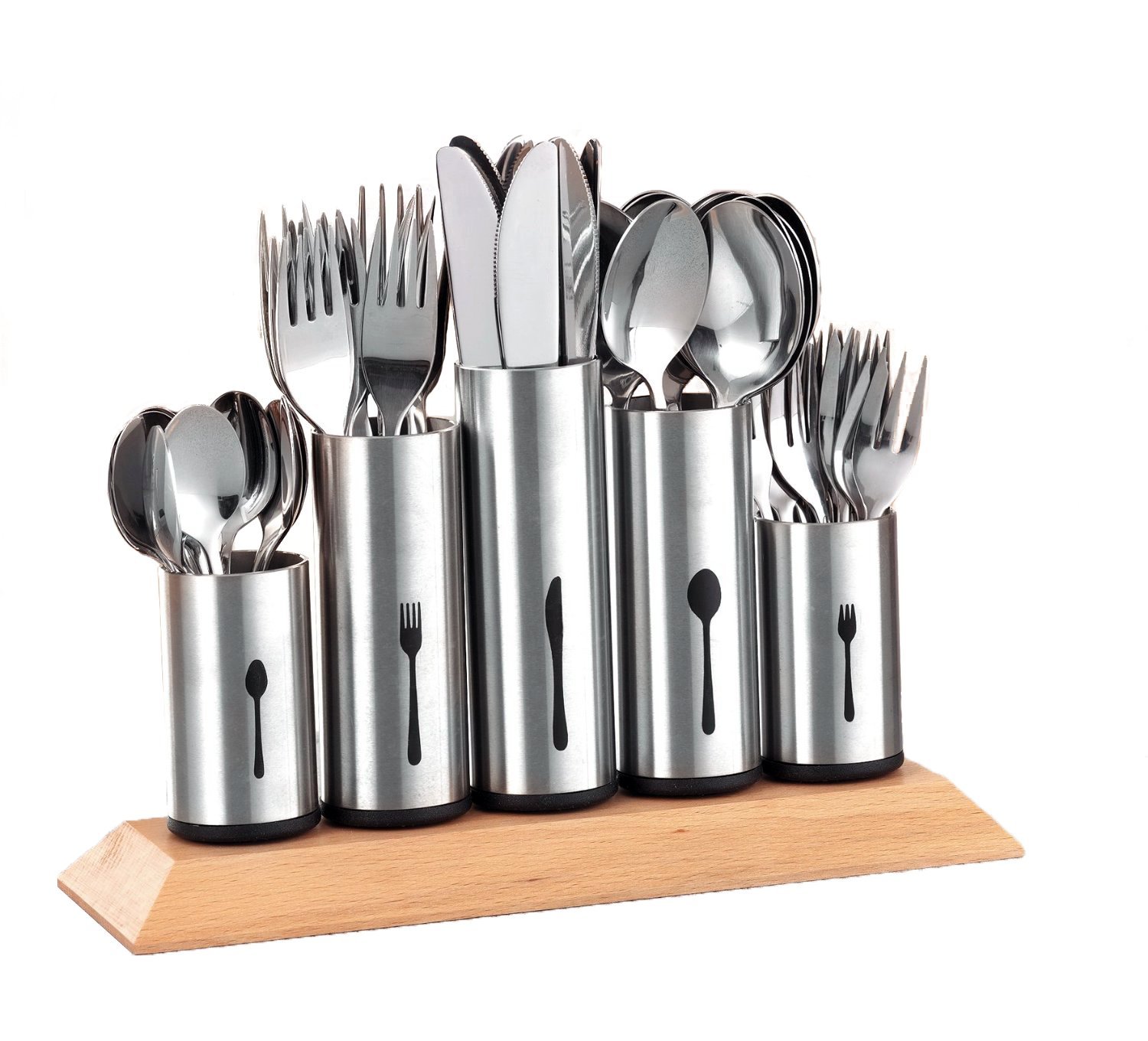 Bruntmor, 18/8 Stainless Steel Flatware Organizer Holder Caddy With Wood Base. Use for 12 knives, forks, spoons, coffee spoons and pastry forks, on a wooden stand made from rubberwood.