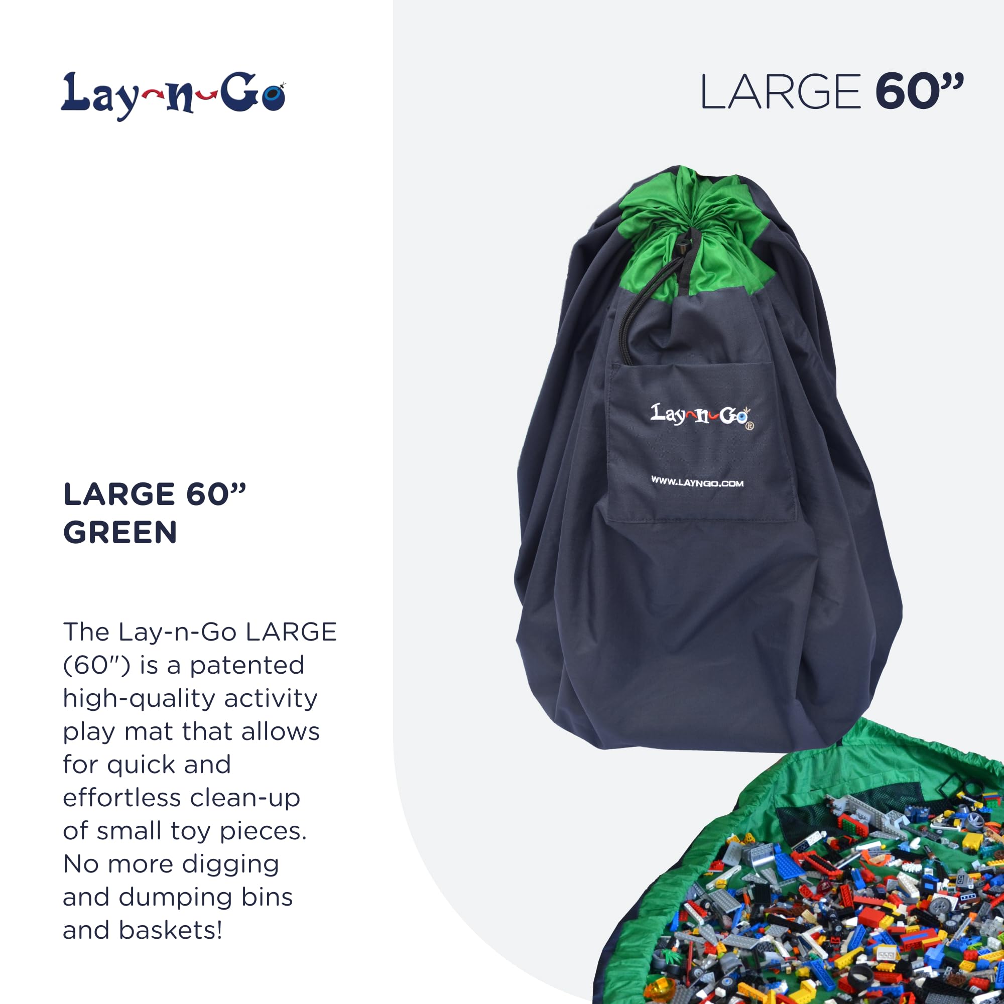 Lay-n-Go 2-in-1 Extra Large Portable Drawstring Toys Storage Organizer and Play Mat for Room and Travel, Made for Kids and Toddlers with a Durable Patented Design, 60 inch, Green