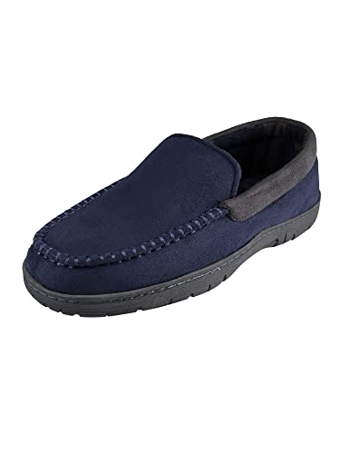 Hanes Men's Moccasin Slipper House Shoe With Indoor Outdoor Memory Foam Sole Fresh Iq Odor Protection, Navy, Large