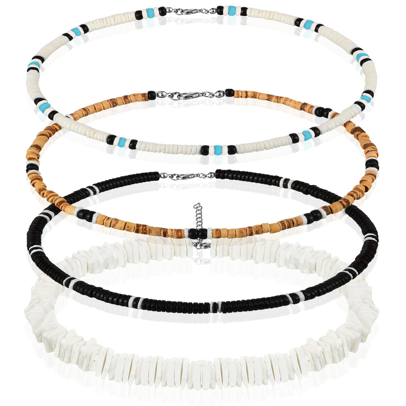 4 Pcs Puka Shell Necklace for Men Surfer Necklace Choker Beach Puka Choker Seashell Necklaces with Clam Chip Beads Xmas Gift (Elegant Color)