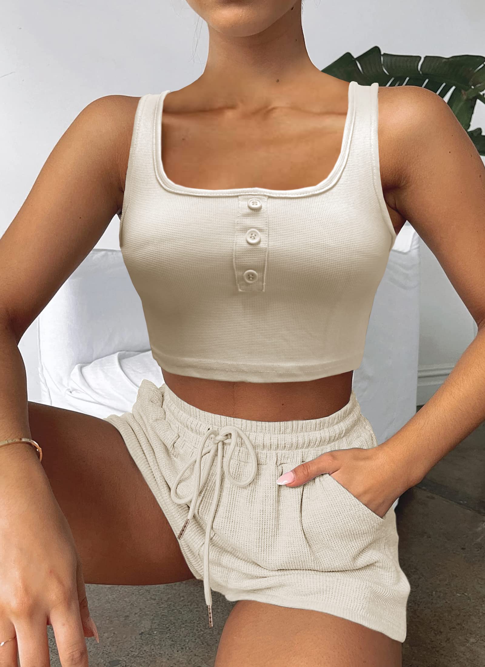 Women’s Pajama Sets Waffle Knit Matching Lounge Set Crop Tank Loose Shorts with Pockets Beige XL