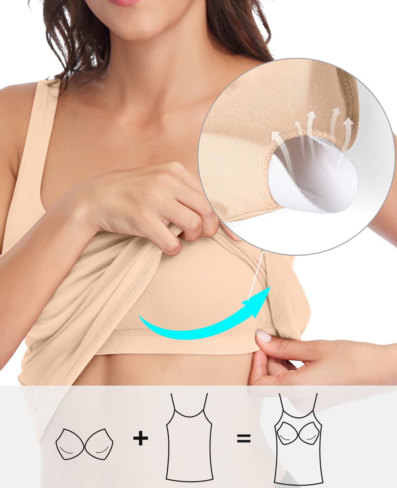 V FOR CITY Women's Built-in Bra Tank Adjustable Wide Strap Camisole Tops Scoop Neck Cotton Cami Shirts M